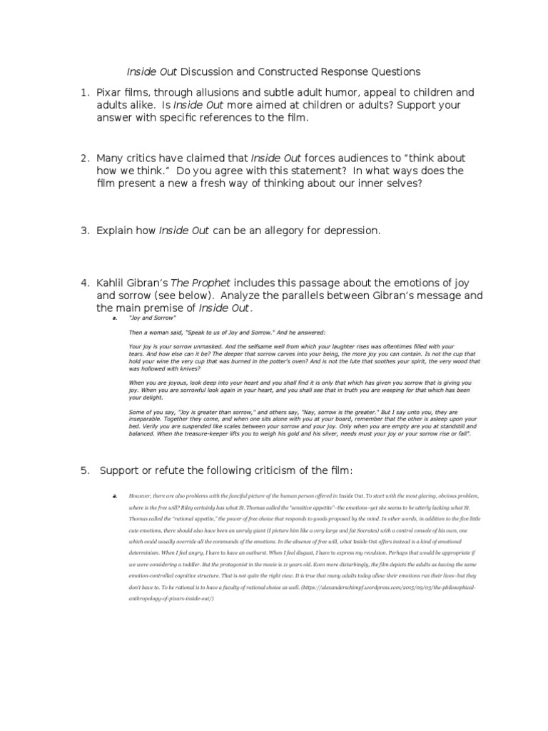 Inside Out Discussion and Constructed Response Questions 1 | PDF ...