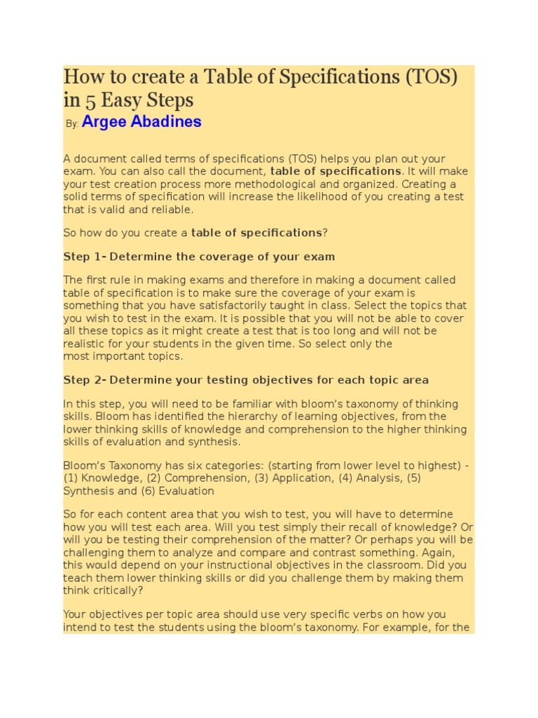 How To Create A Table of Specifications | PDF | Test (Assessment ...