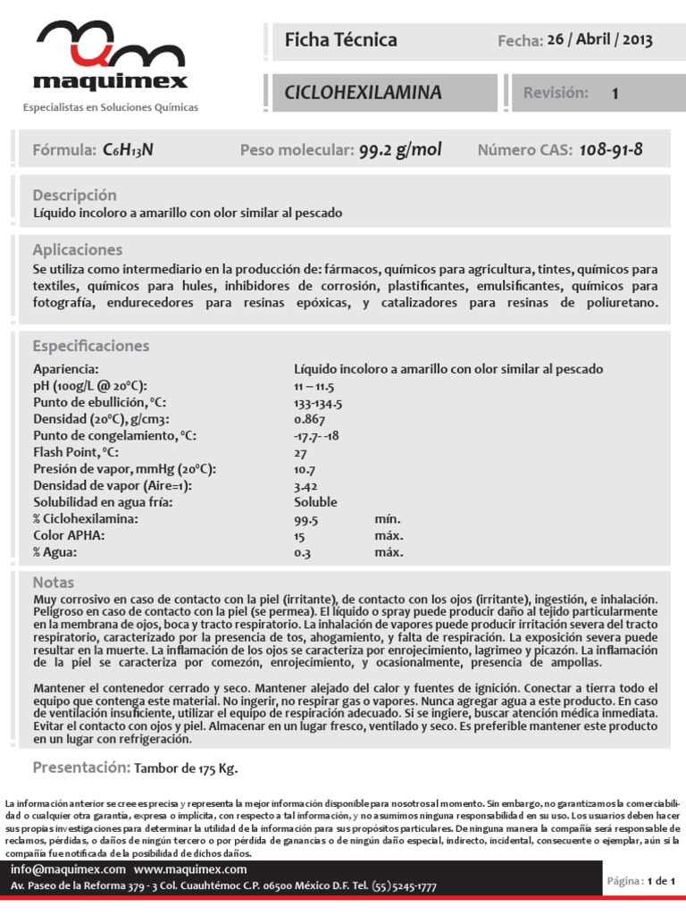 Ciclohexilamina | PDF | Química | Productos quimicos