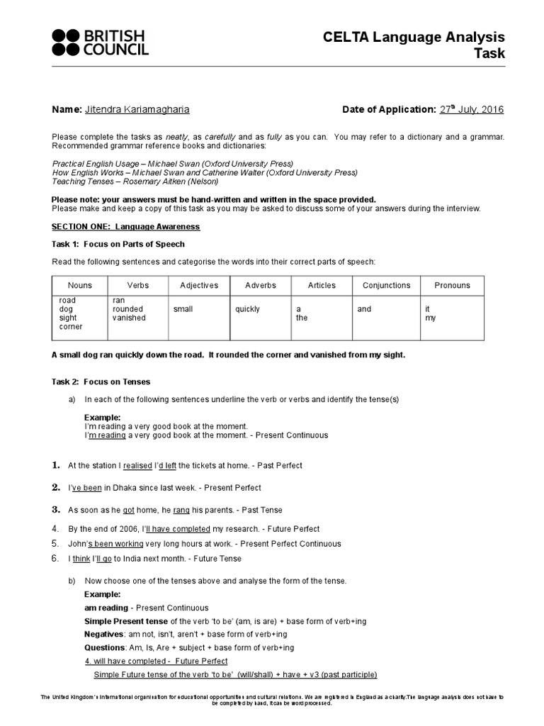 Celta Language Analysis Task | Perfect (Grammar) | Part Of Speech
