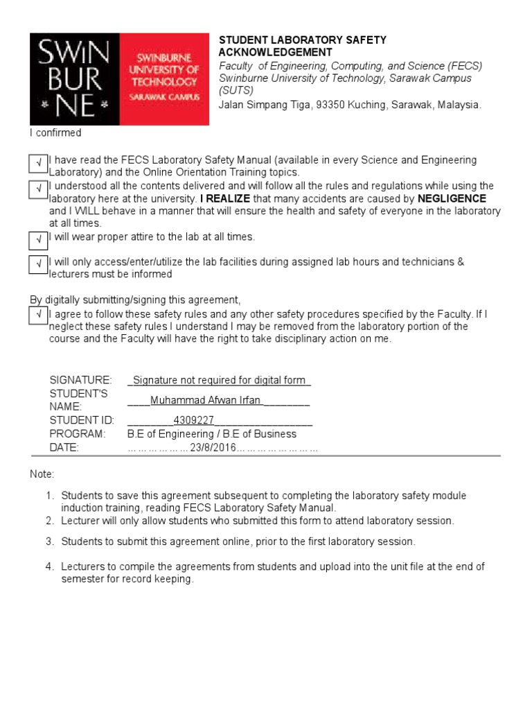 Student Laboratory Safety Acknowledgement | PDF