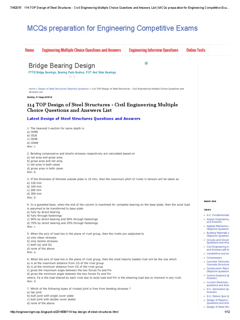 114 TOP Design of Steel Structures - Civil Engineering Multiple Choice ...