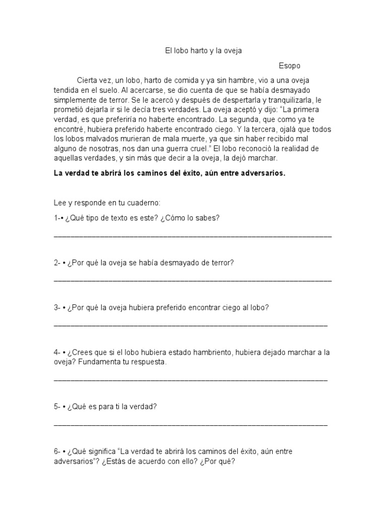El Lobo Harto y La Oveja Comprension Lectora 5