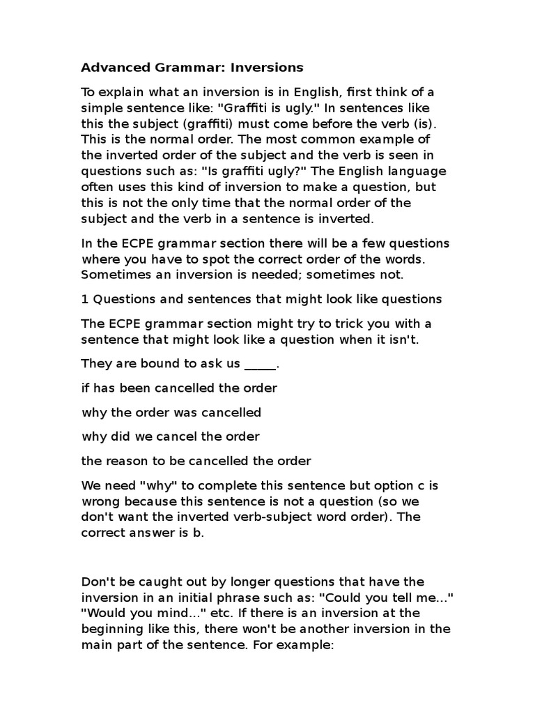 Advanced Grammar Inversions PRINT | PDF | Question | Subject (Grammar)