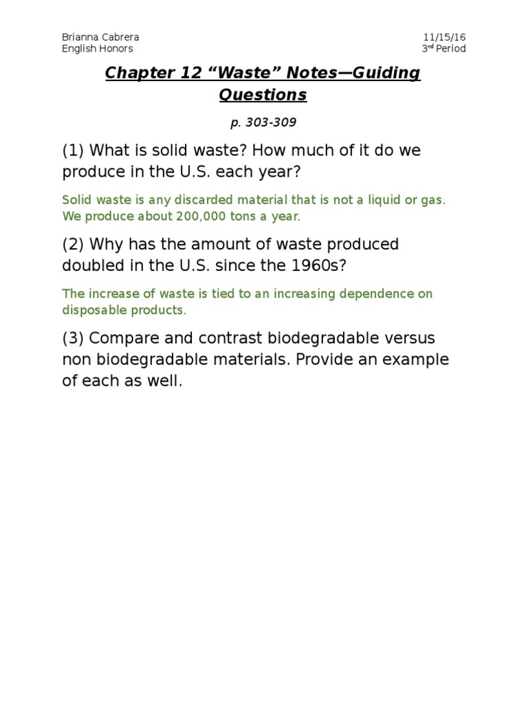 Chapter 12 "Waste" Notes-Guiding Questions | PDF