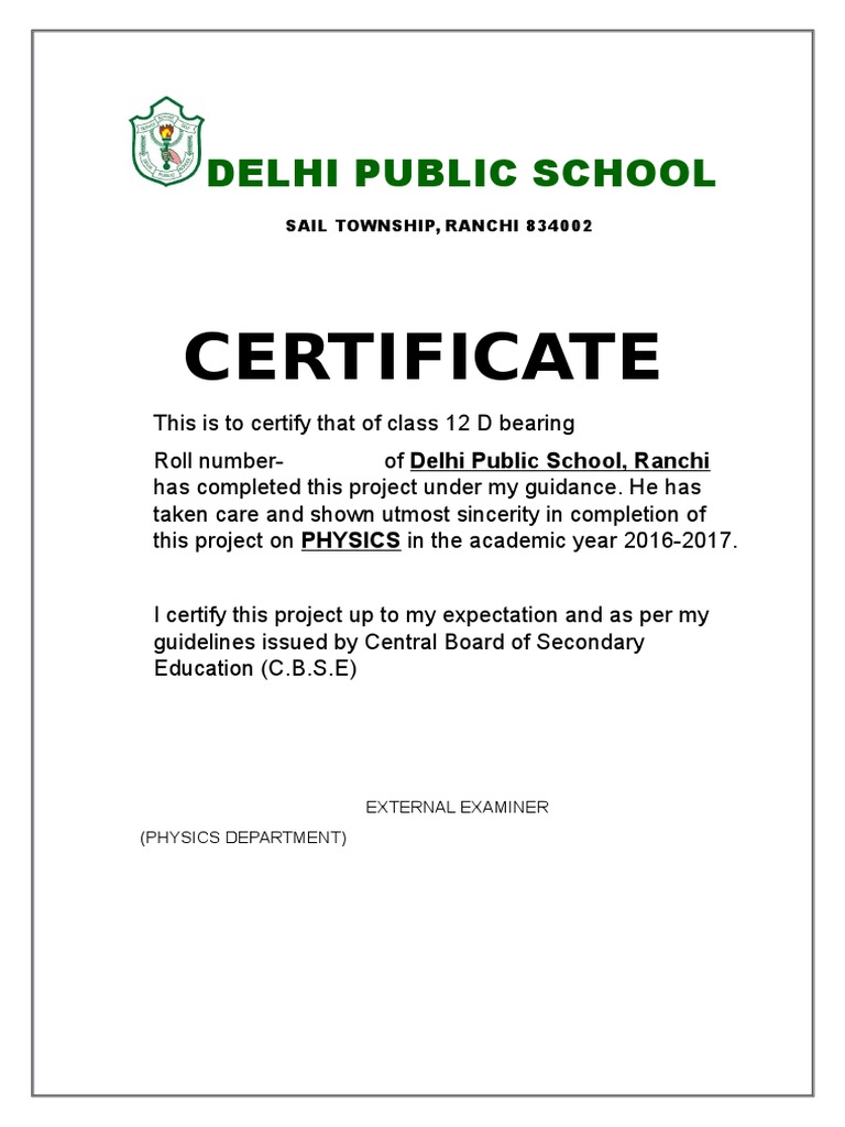 Certificate: Delhi Public School | PDF