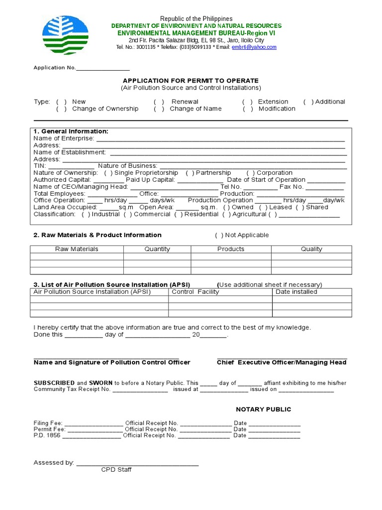 Application for Permit to Operate New Form (2) | Receipt | Air Pollution