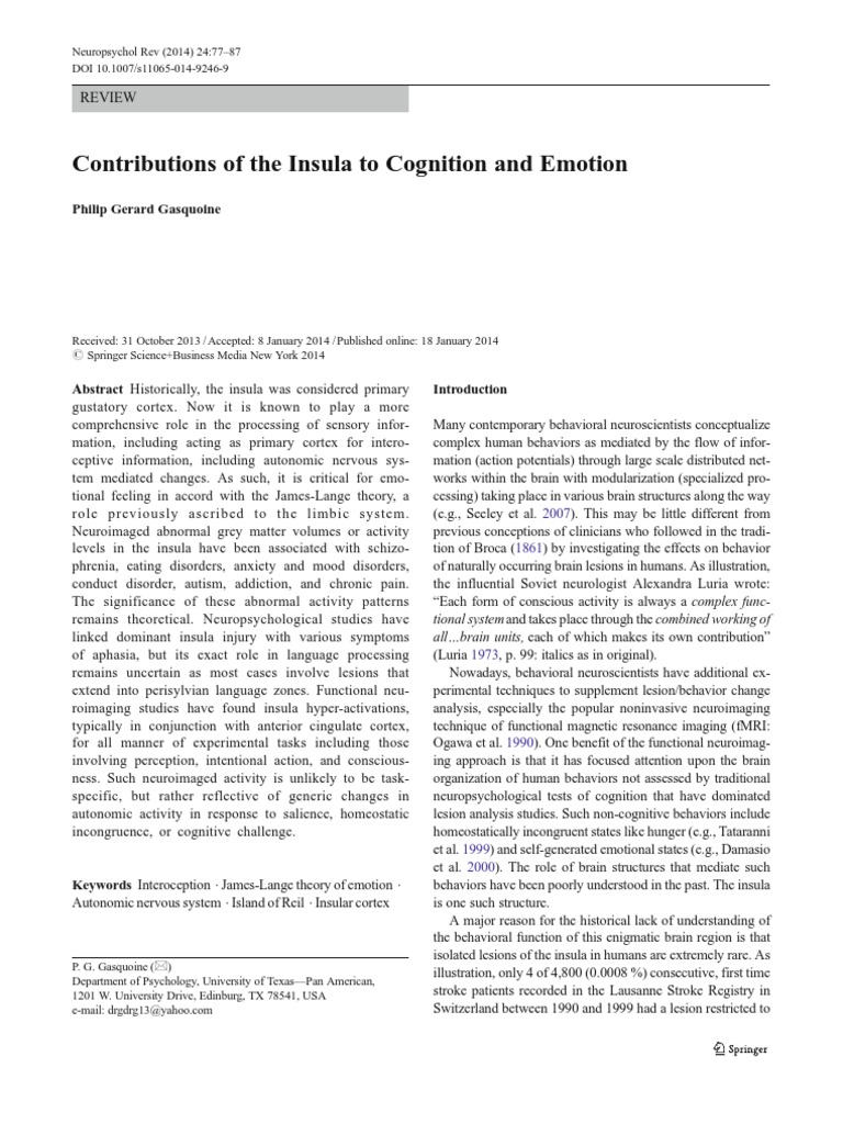 Contributions of The Insula | PDF | Insular Cortex | Limbic System