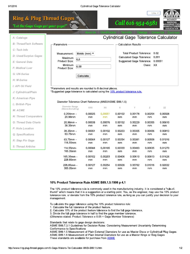 Cylindrical Gage Tolerance Calculator | PDF