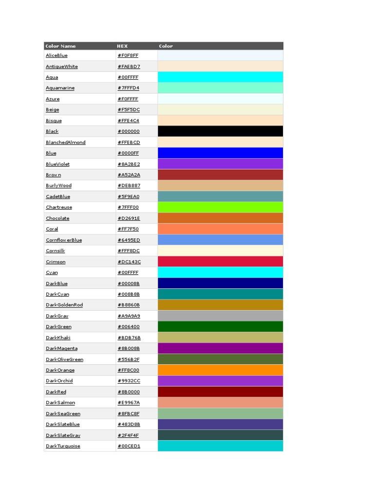 HTML Color Name and Hex Code | PDF | Vision | Chess