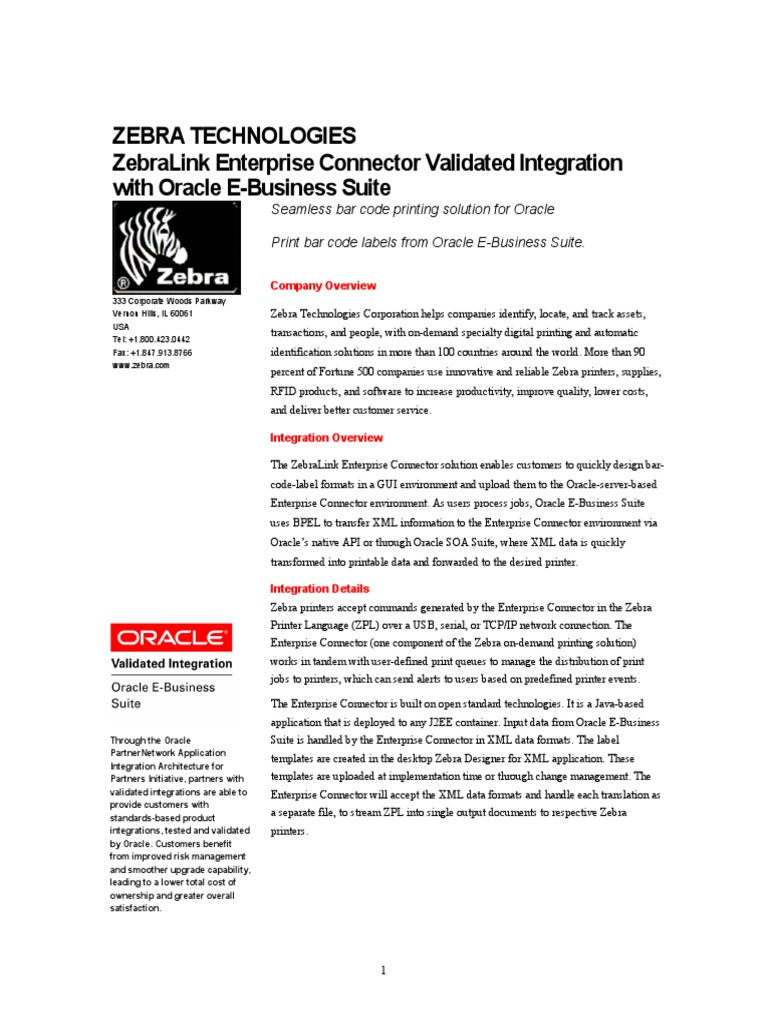 Zebra Technologies Zebralink Enterprise Connector Validated Integration ...