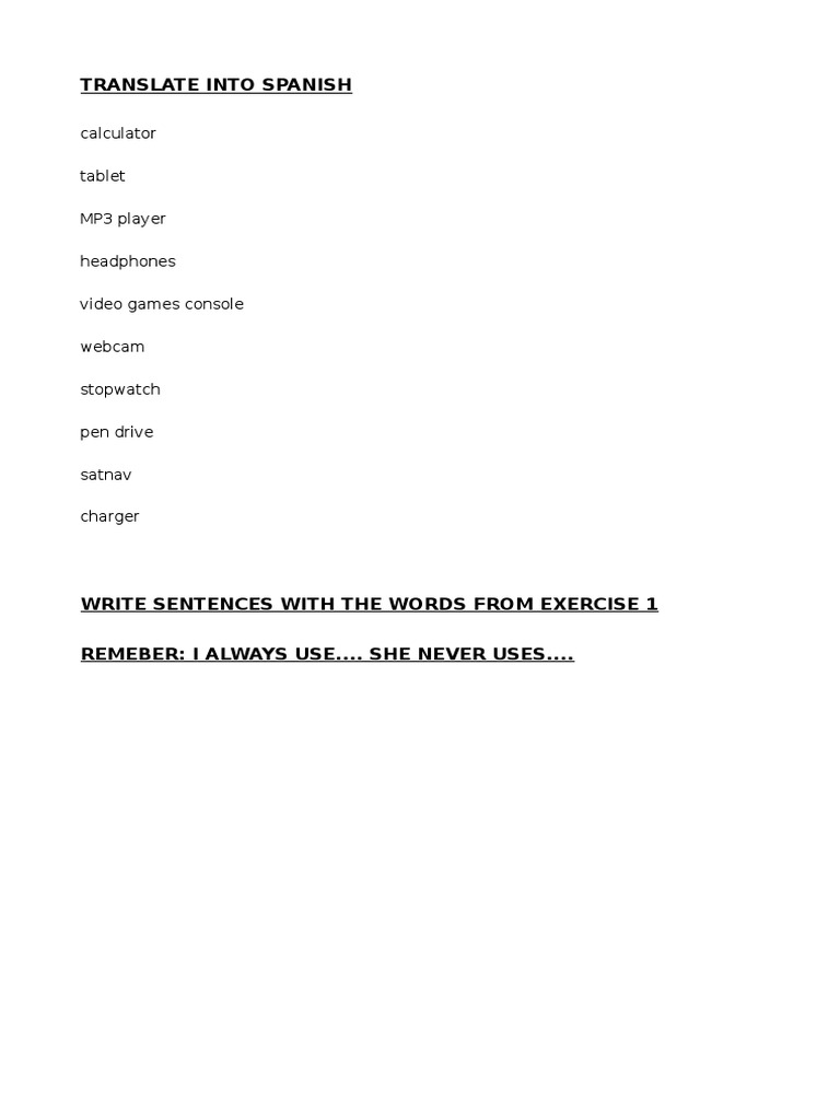 Spanish Vocabulary and Sentences Practice | PDF