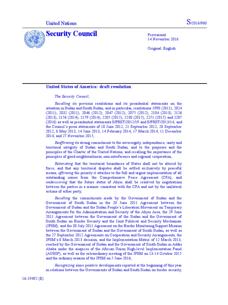 UNISFA Draft Res. - Blue (E) | PDF | United Nations | International ...