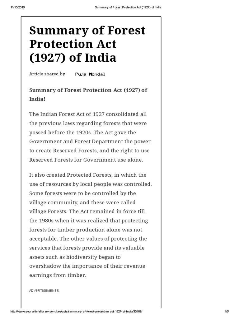 Summary of Forest Protection Act (1927) of India | Deforestation ...