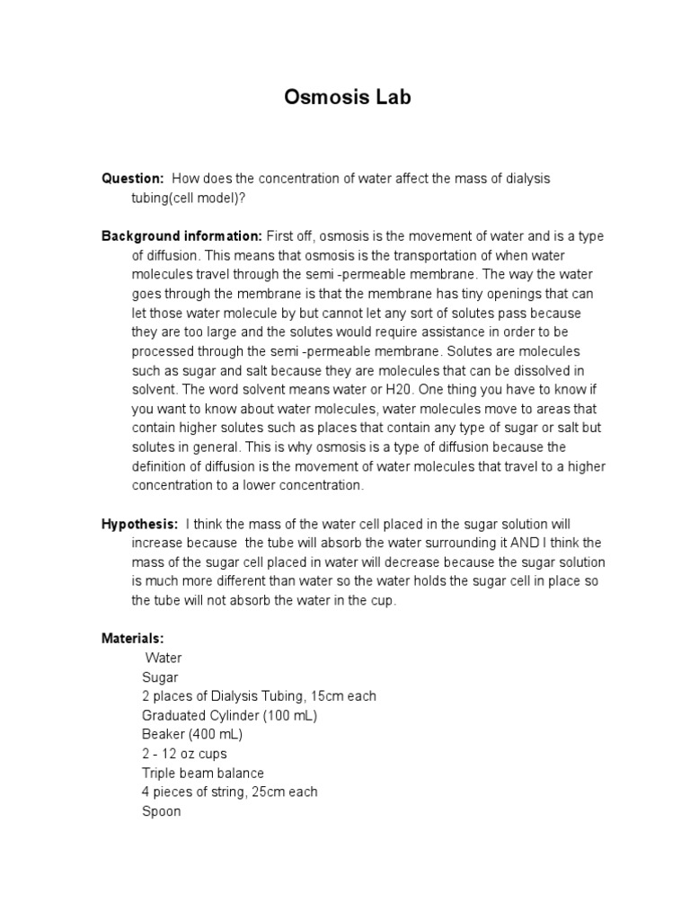 Osmosis Lab | PDF | Osmosis | Solution