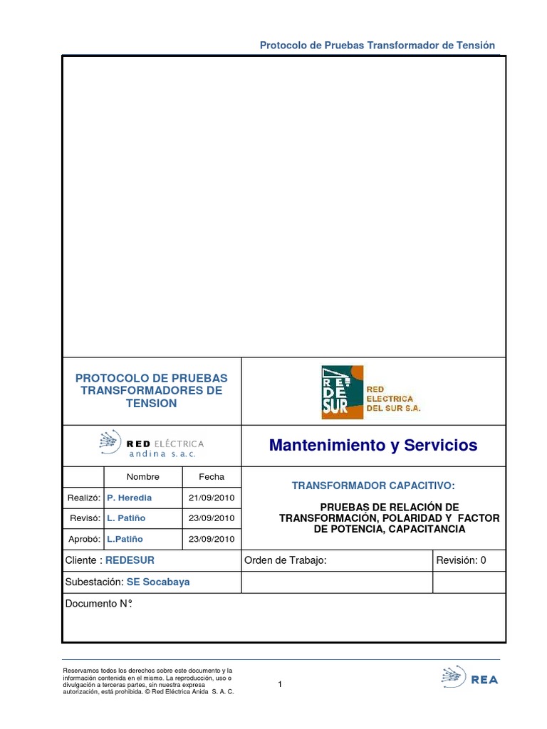 Protocolo Prueba Transformador de Tension Cl-2026 | PDF | Transformador | Poder (Física)