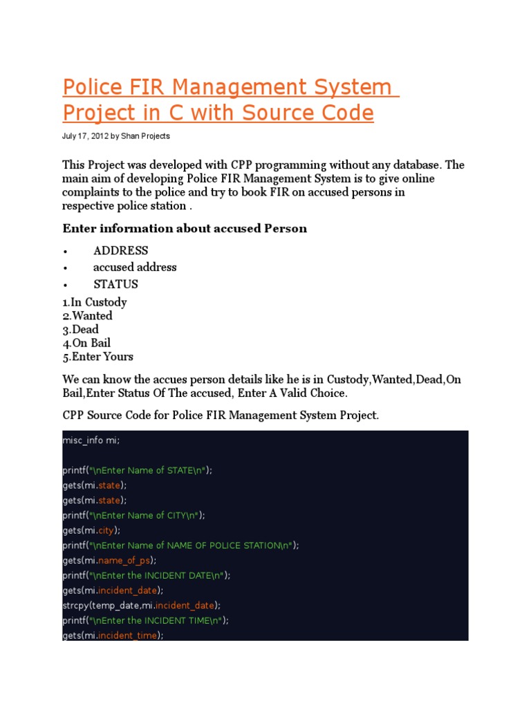 Police FIR Management System Project | PDF | Computer Programming ...