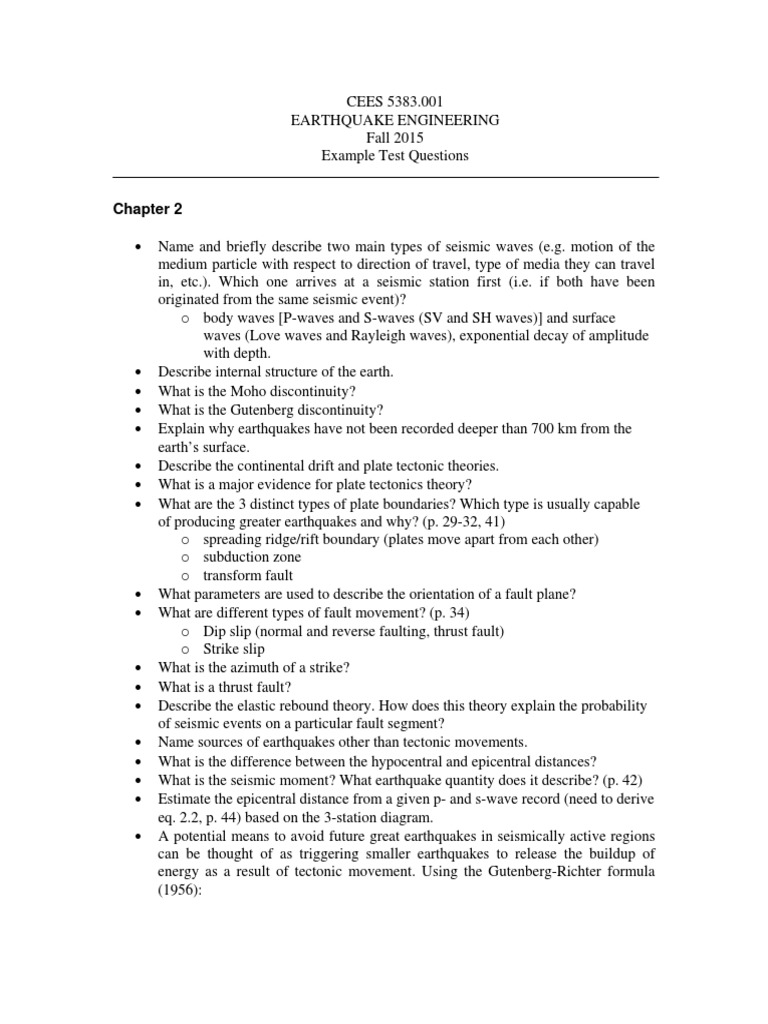 Earthquake Engineering Example Test Questions | PDF | Earthquakes ...