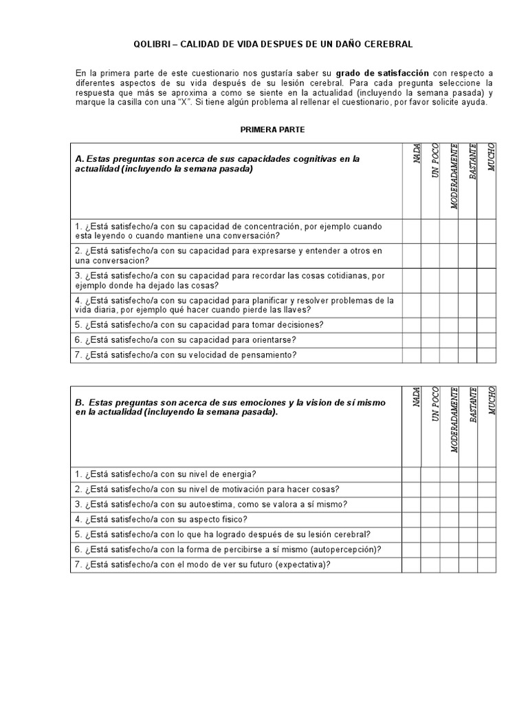 Calidad de Vida en Daño Cerebral QOLIBRI | PDF | Cuestionario | Cerebro