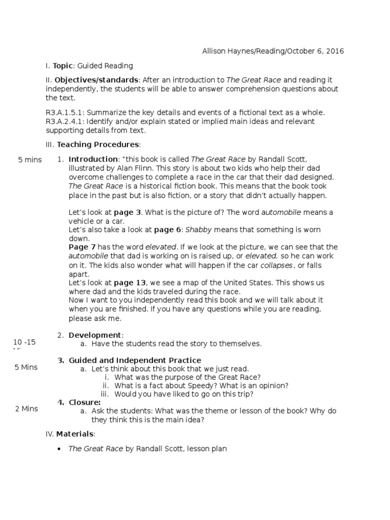 Lesson Plan 1 Guided Reading The Great Race | PDF | Lesson Plan ...