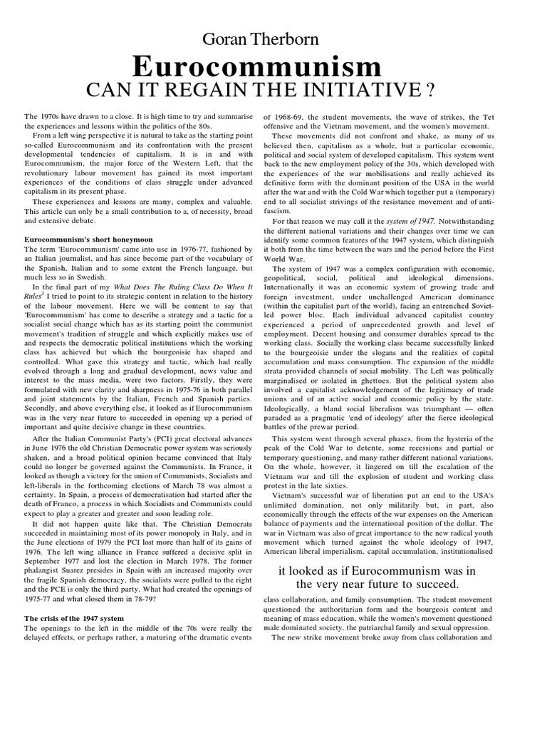 Goran Therborn Article "Eurocommunism: Can It Regain The Initiative ...