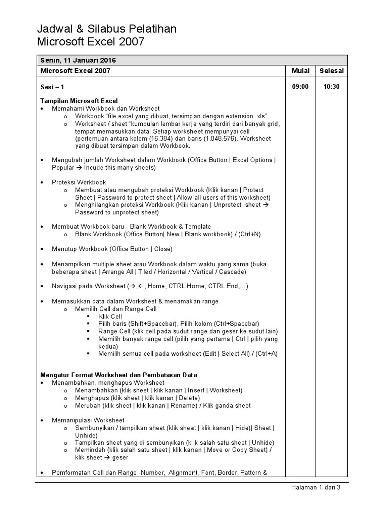 Jadwal & Silabus Pelatihan Microsoft Excel 2007 | PDF