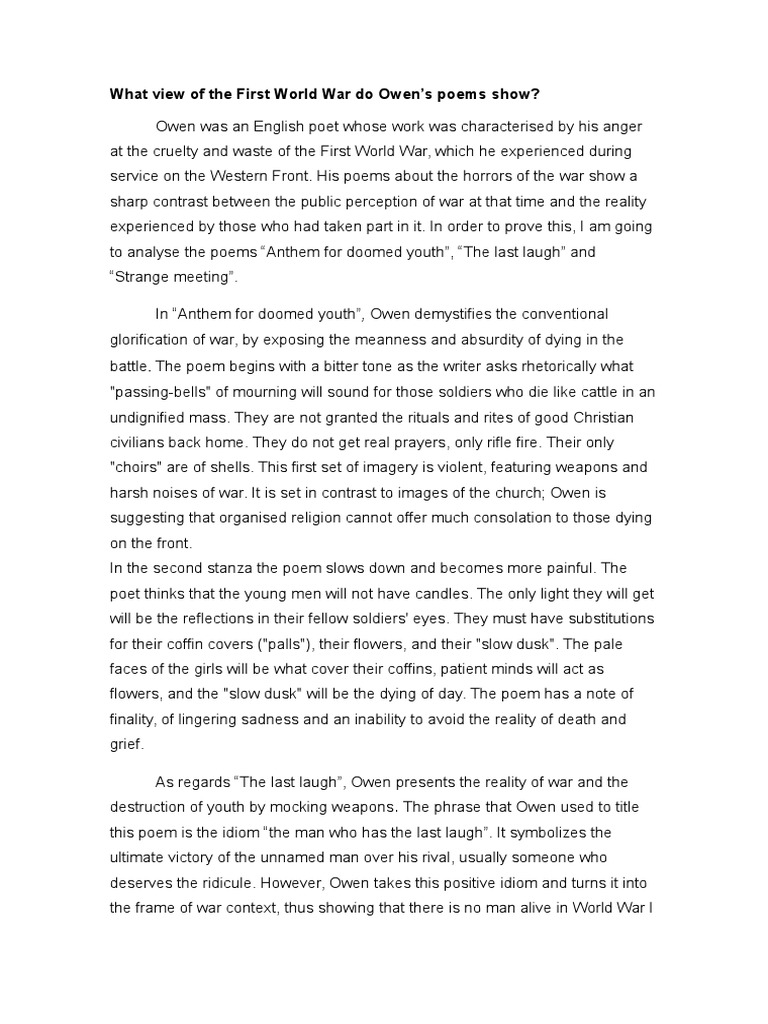 Wilfred Owen's War Poems Analysis | PDF | Laughter | Poetry