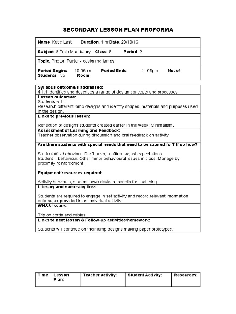 Yr8 Lamps Lesson Plan Proforma | PDF
