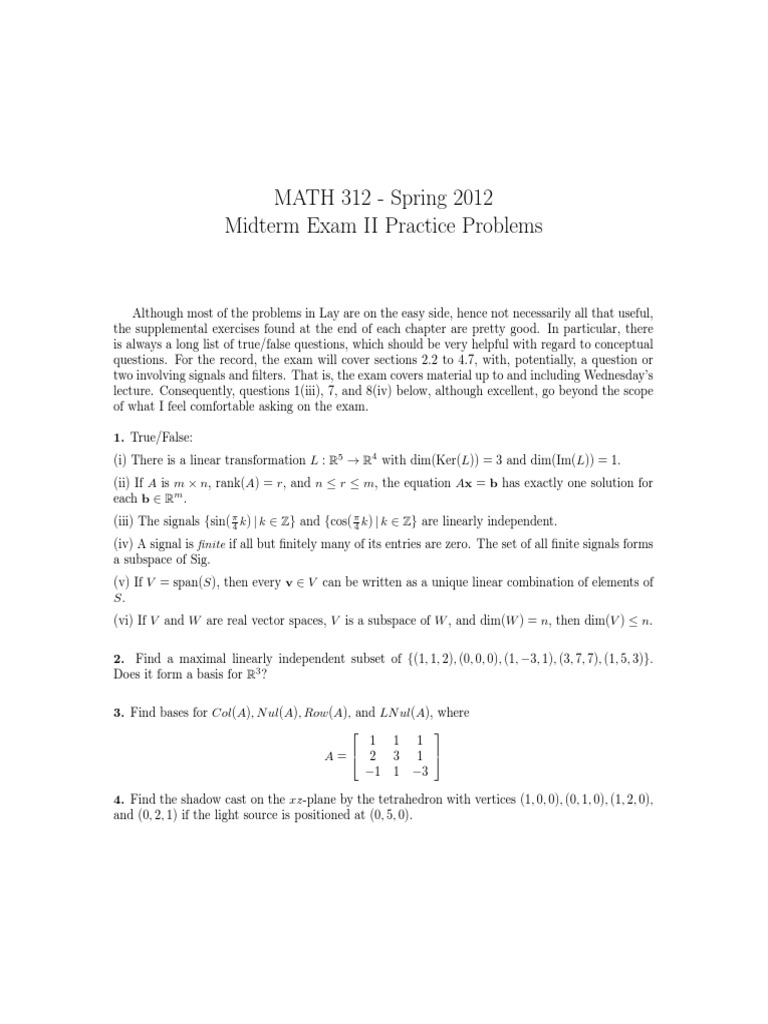 MATH 312 - Spring 2012 Midterm Exam II Practice Problems | PDF | Basis (Linear Algebra) | Linear ...