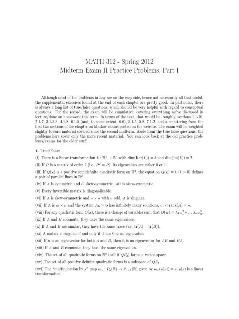 MATH 312 - Spring 2012 Midterm Exam II Practice Problems, Part I | PDF | Eigenvalues And ...