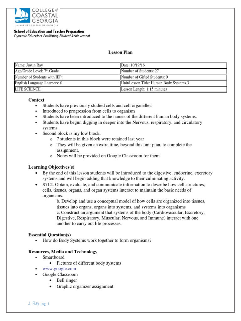 Human Body Systems Lesson Plan for Grade 3 | PDF | Human Body | Lesson Plan