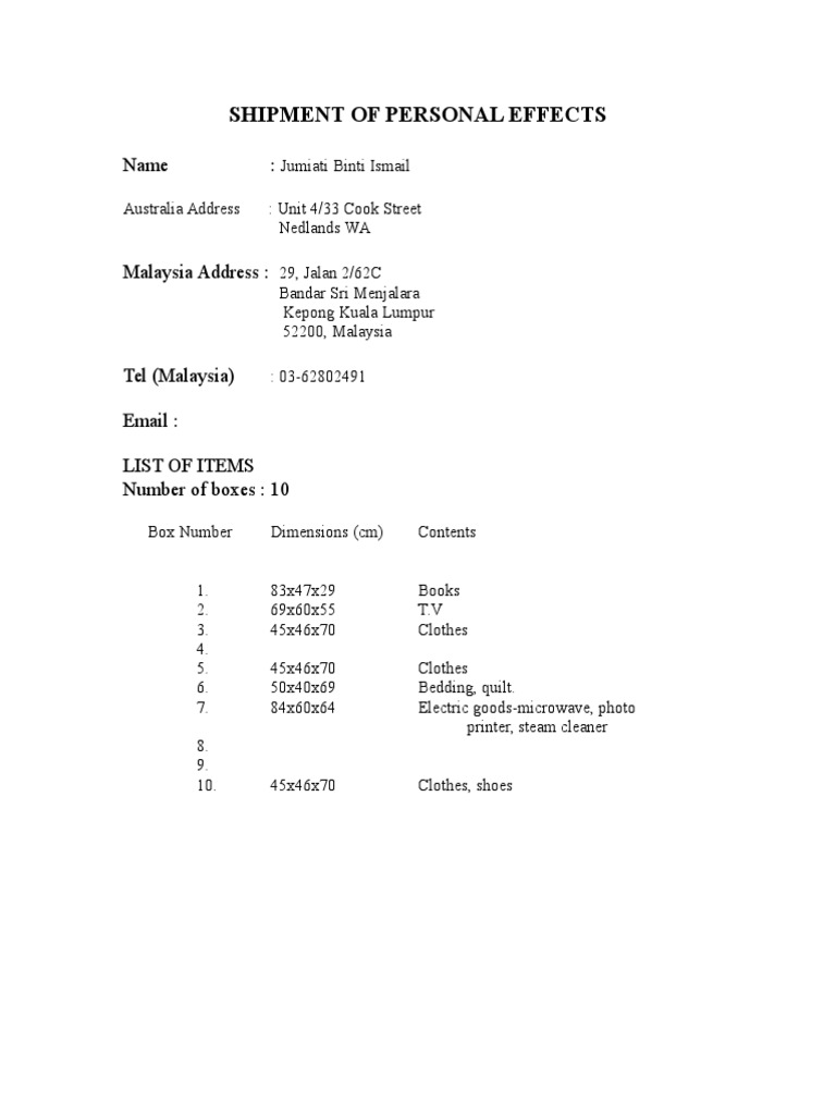 Shipment of Personal Effects: Name | PDF