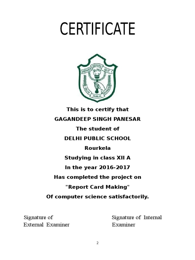 Project Completion Certificate: Report Card Making | PDF