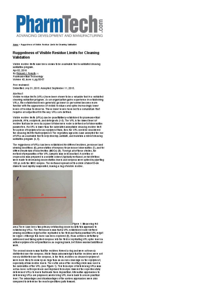 Ruggedness of Visible Residue Limits For Cleaning Validation | PDF ...