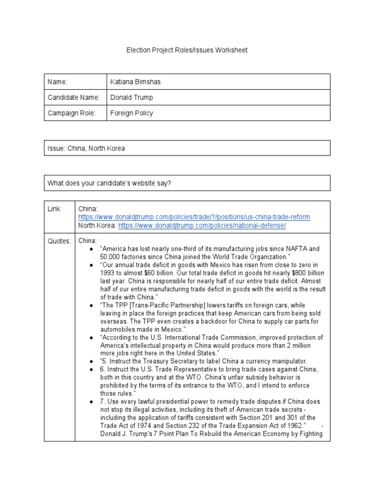 Election Project Roles/Issues Worksheet | PDF | Trans Pacific ...