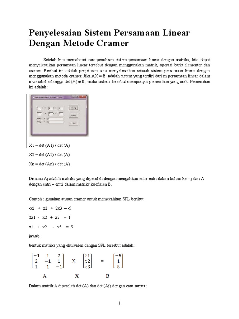 Penyelesaian SPL dengan Metode Cramer | PDF | Metode & Bahan Ajar