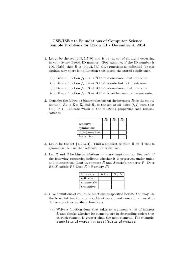 CSE/ISE 215 Foundations of Computer Science Sample Problems For Exam III - December 4, 2014 ...