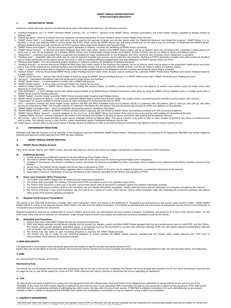 Smart Padala Service Agreement | Download Free PDF | Indemnity | Money ...