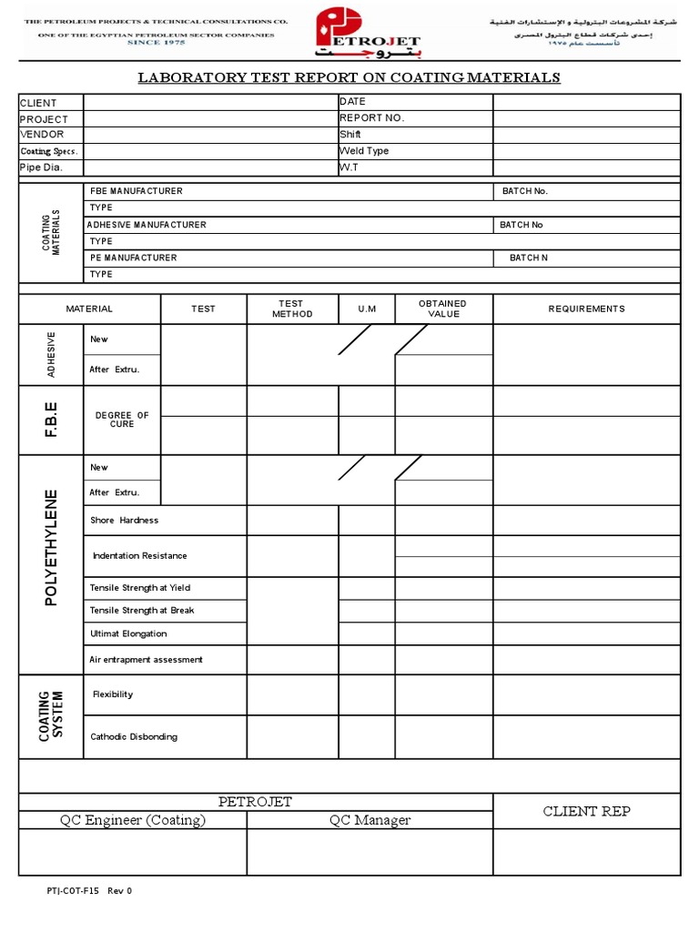 Laboratory Test Report On Coating Materials: Petrojet Client Rep QC ...