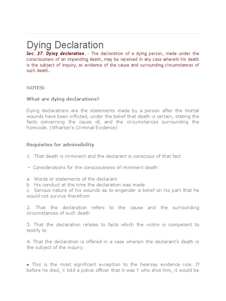 Dying Declaration | PDF | Hearsay | Testimony