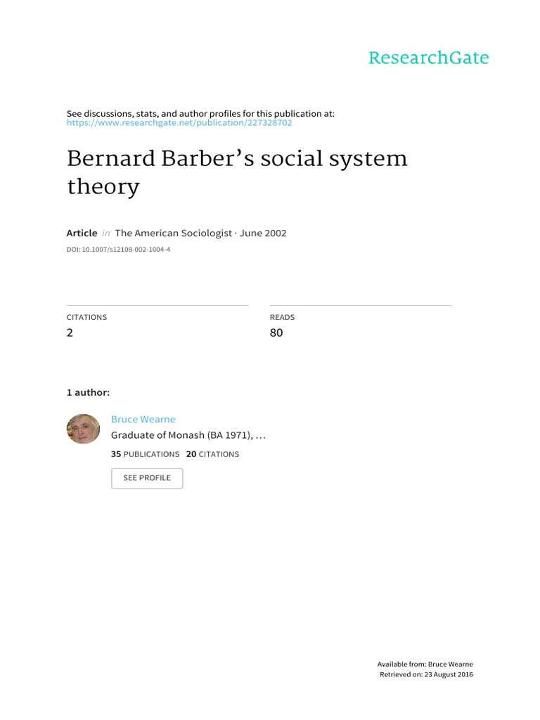 Bernard Barber's Social System Theory: The American Sociologist June ...