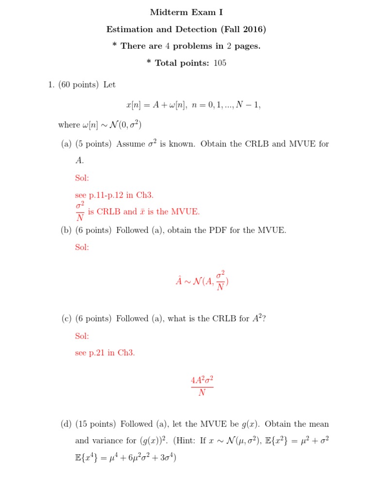2016 Fall Estimation Theory Midterm I Sol | PDF | Bias Of An Estimator | Estimator