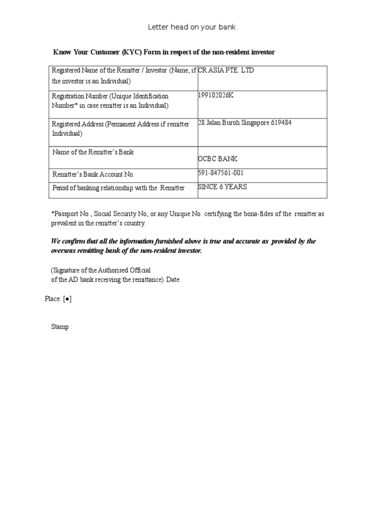 Know Your Customer (KYC) Form in Respect of The Non-Resident Investor | PDF