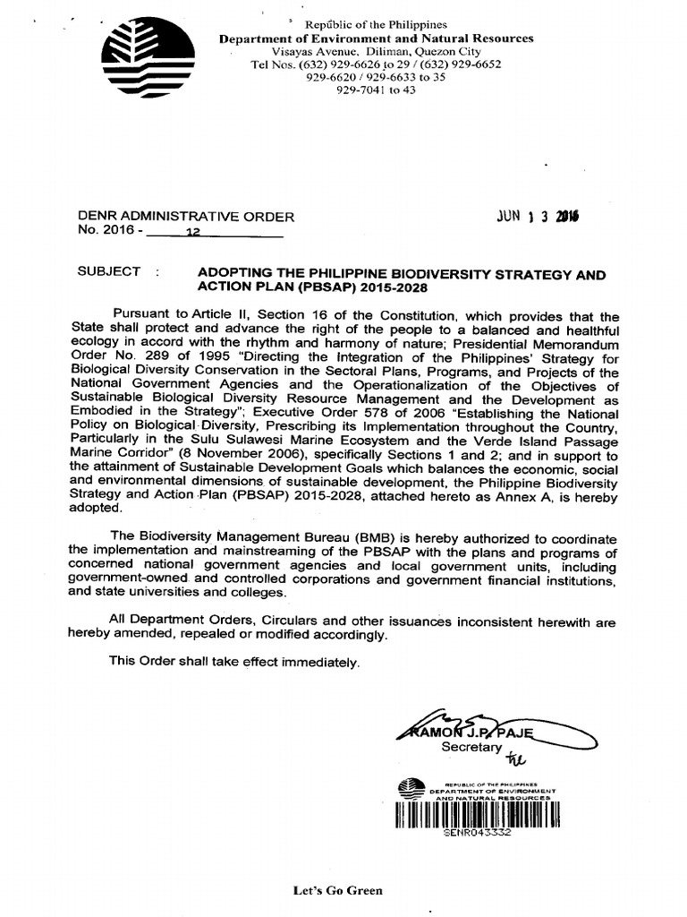 DAO 2016-12 Re PBSAP 2015-2028 | PDF | Biodiversity | Reducing ...