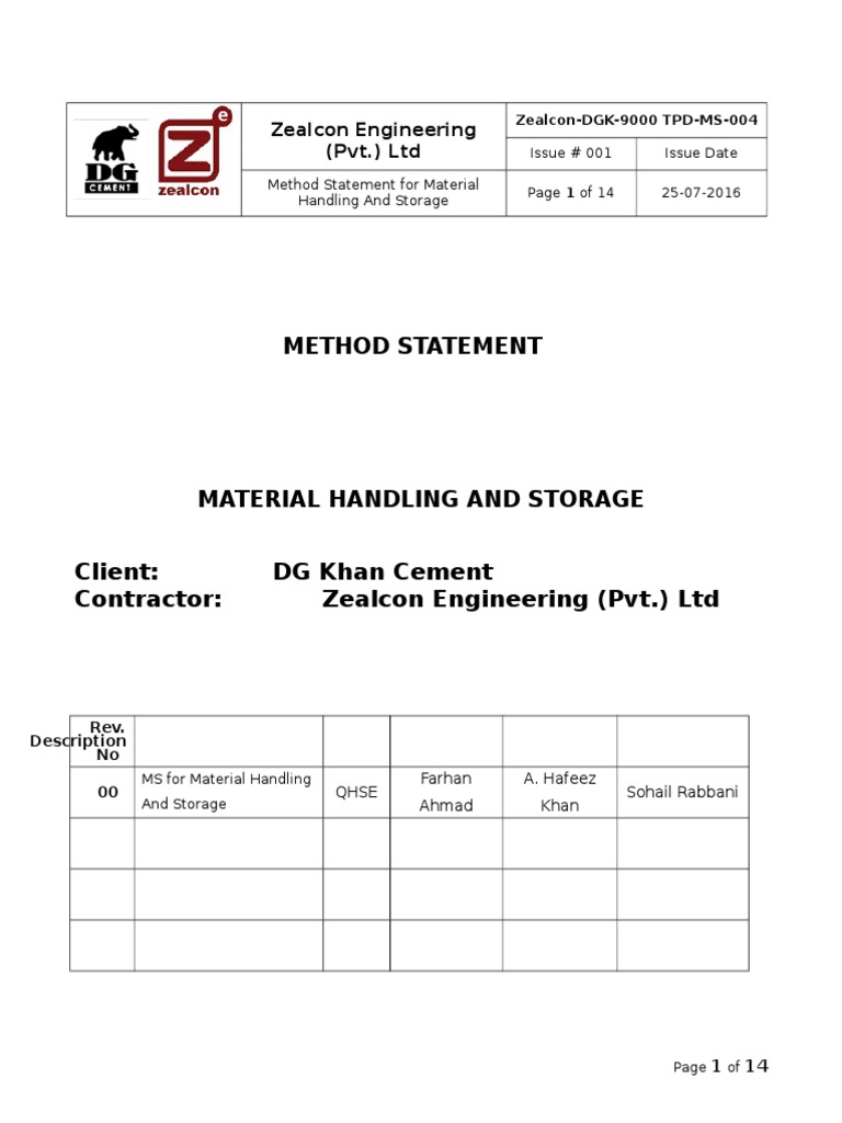 Method Statement For Handling Storage Packaging Preservation And