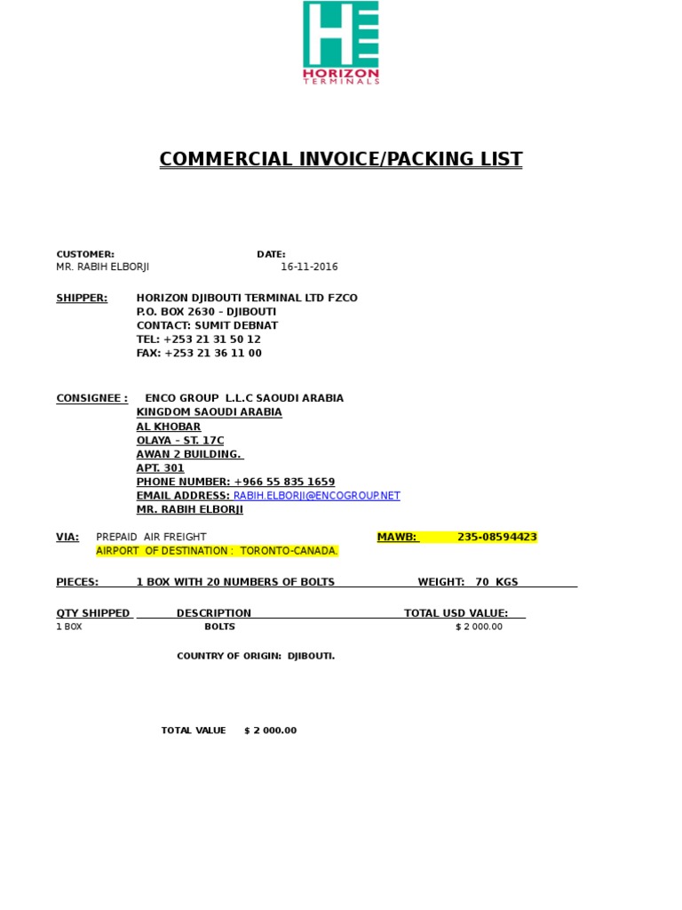 Commercial Invoice and Packing List for Bolts Shipment | PDF