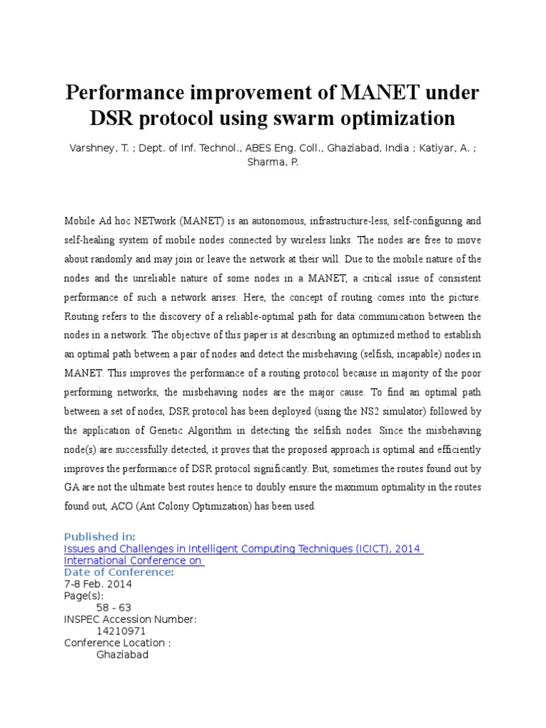 Performance Improvement of MANET Under DSR Protocol Using Swarm Optimization | PDF | Wireless Ad ...