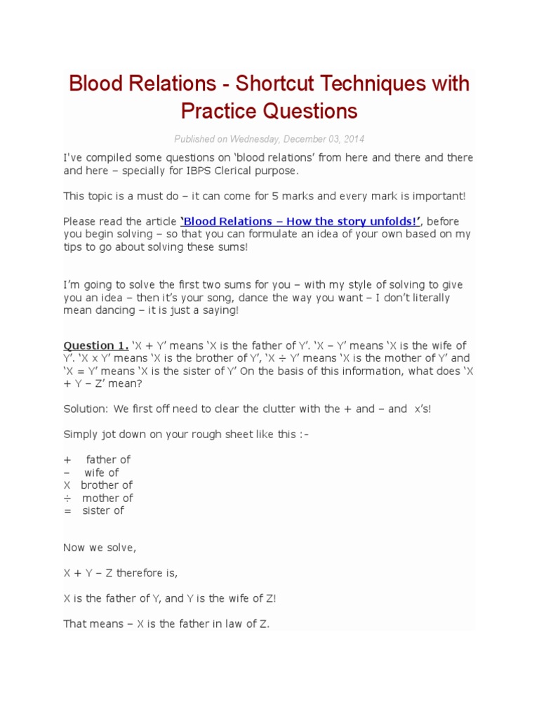 Blood Relations - Shortcut Techniques With Practice Questions | PDF