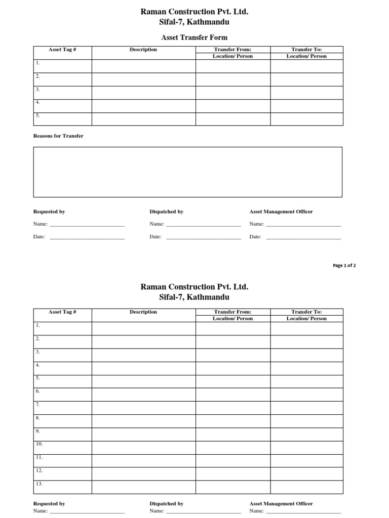 Raman Construction Pvt. Ltd. Sifal-7, Kathmandu: Asset Transfer Form | PDF