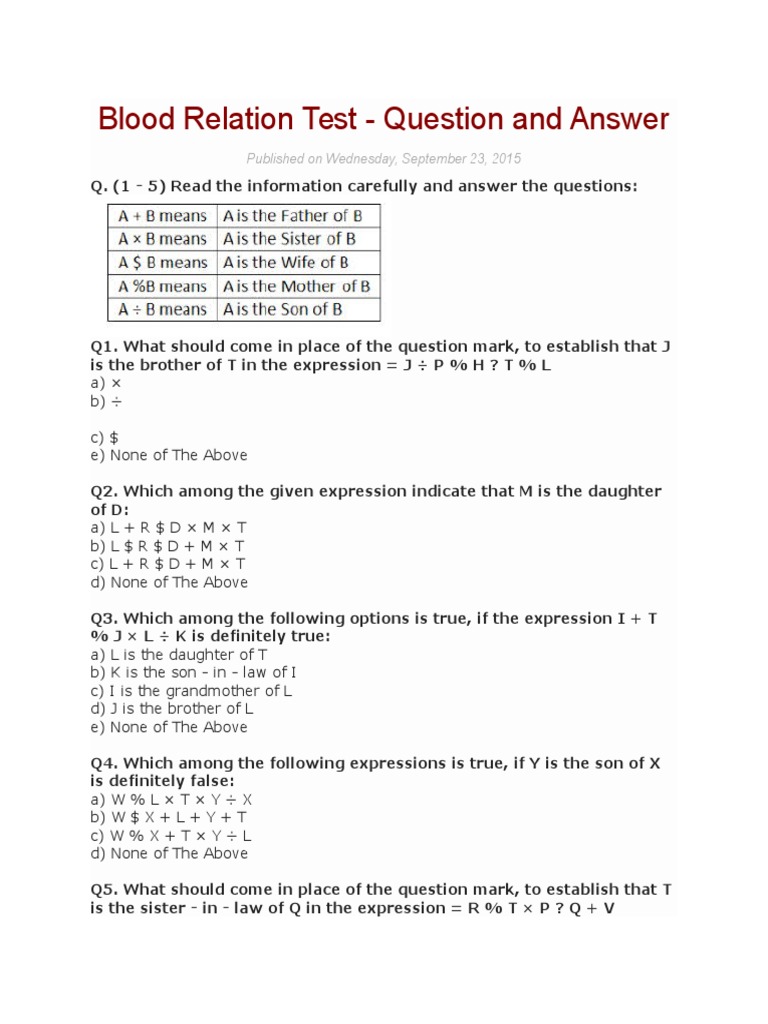 Blood Relation Test - Question and Answer: Published On Wednesday ...